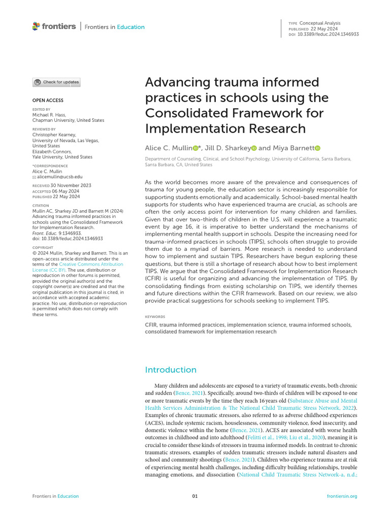 Advancing Trauma Informed Practices in Schools Using the Consolidated ...