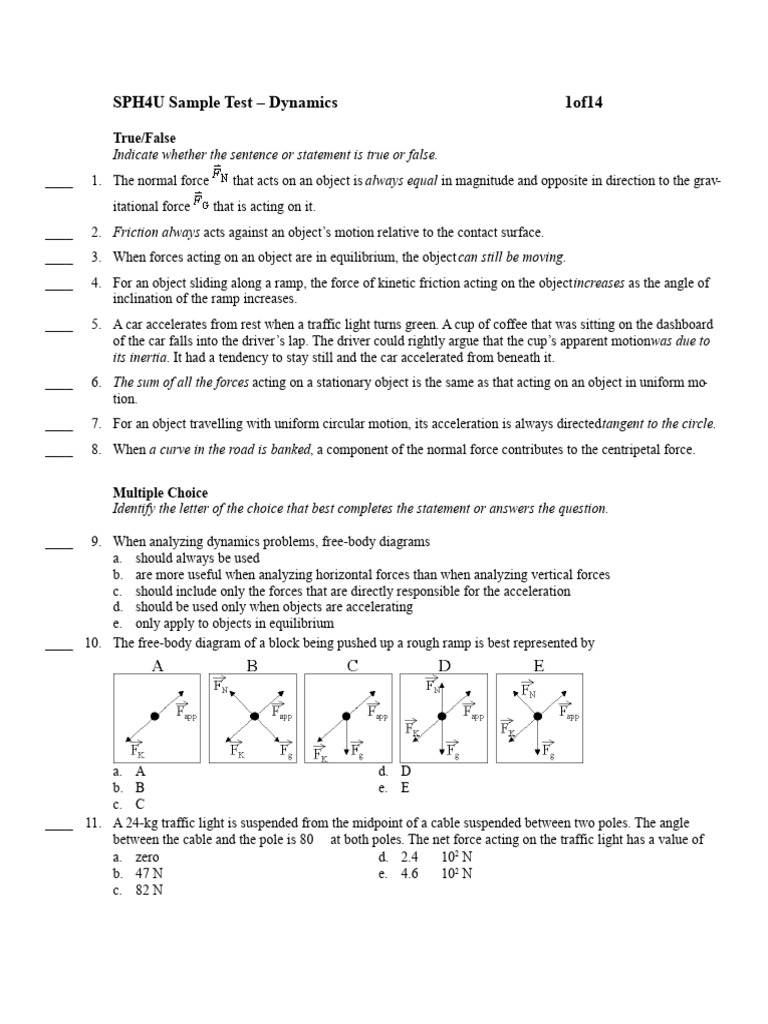 SPH4U Dynamics Sample Test Questions | PDF | Force | Acceleration
