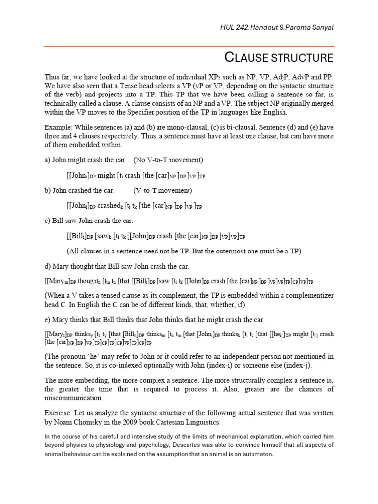 Handout 10. Clause Structure | PDF | Clause | Sentence (Linguistics)