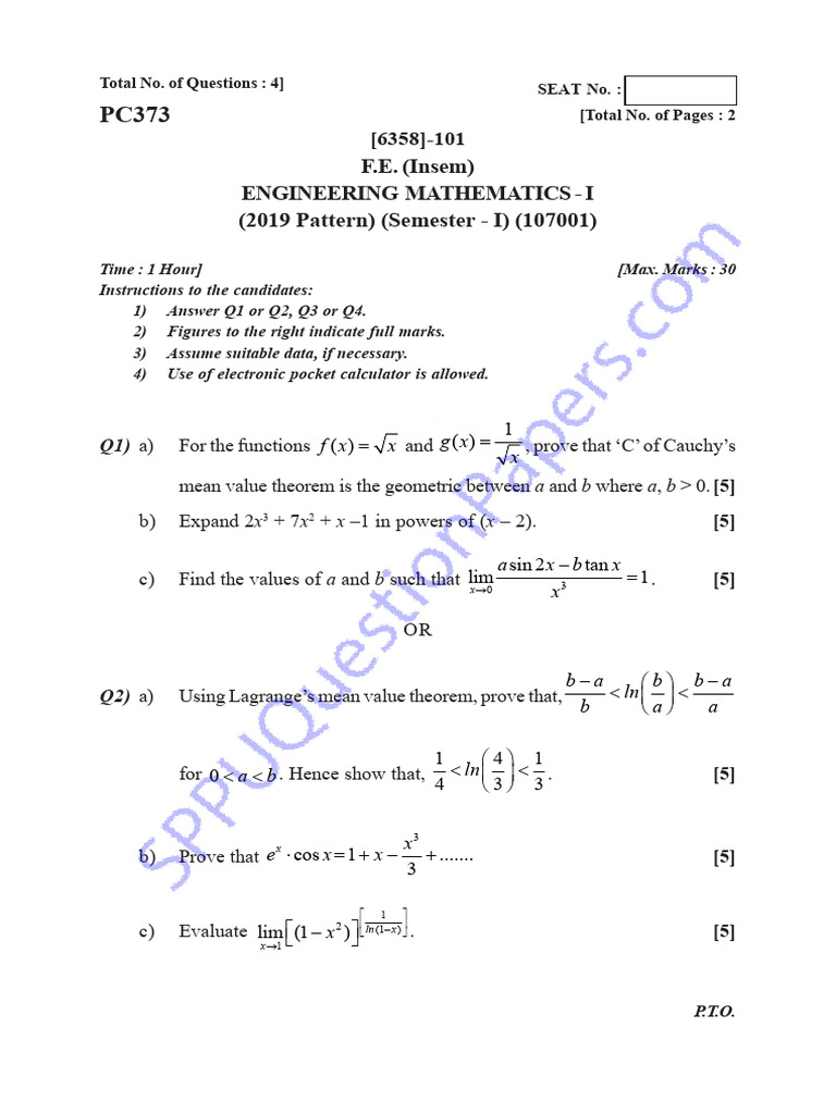 Engineering Mathematics I Exam Questions | PDF | Mathematical Objects | Functions And Mappings