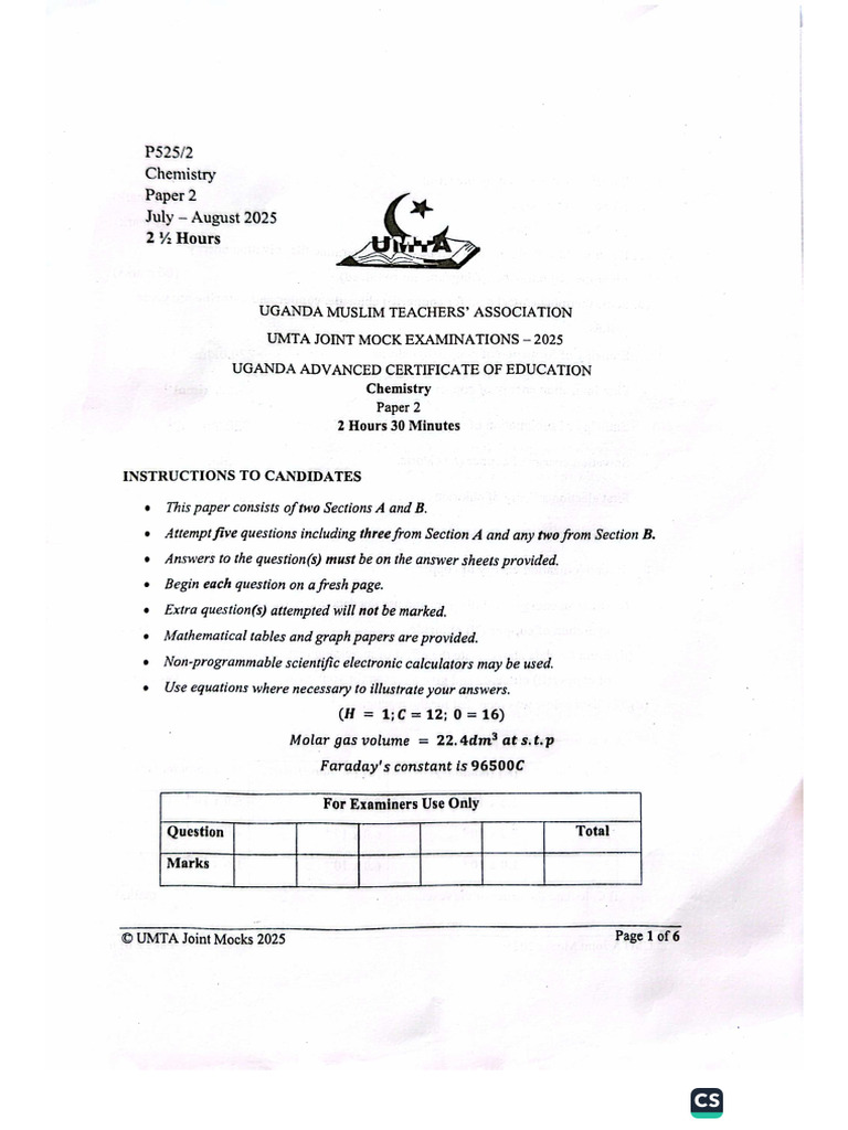 Chemistry 2 s6 Umta 2025 | PDF