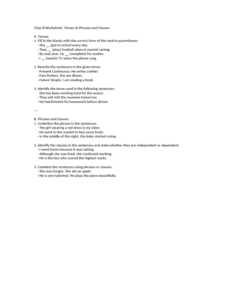 Class 8 Tenses and Phrases Worksheet | PDF