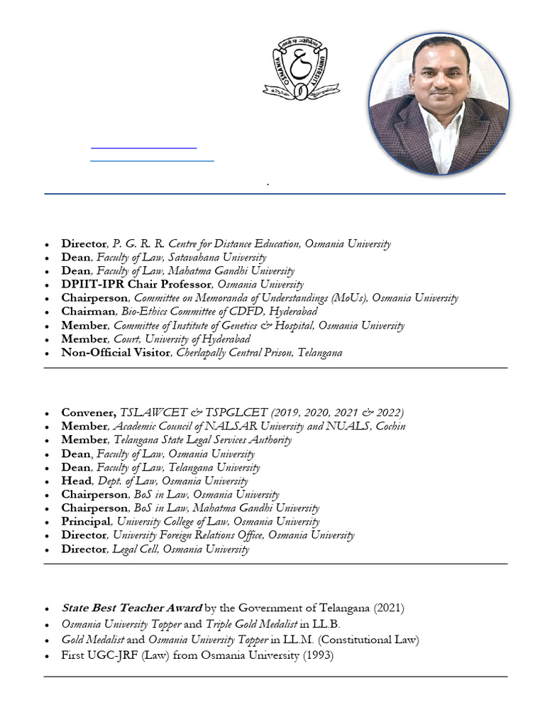 G B Reddy Sir - Sr. Professor Brief CV and Biodata | PDF | Law School | Justice