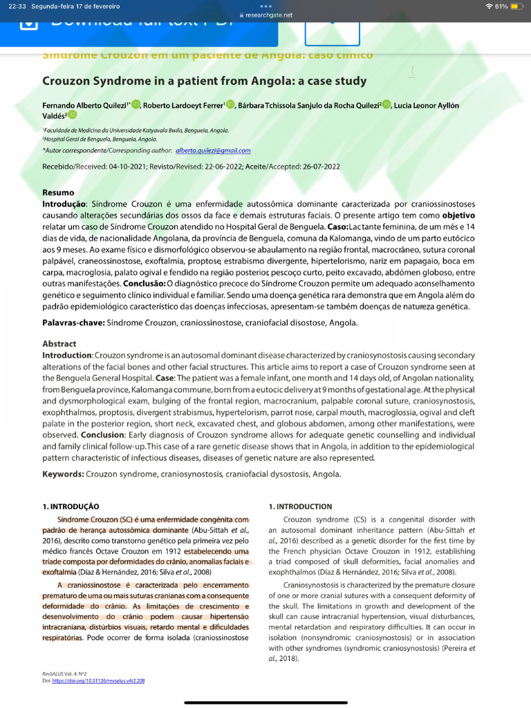 Crouzon Syndrome in A Patient From Angola - A Case Study (2022) ? | PDF
