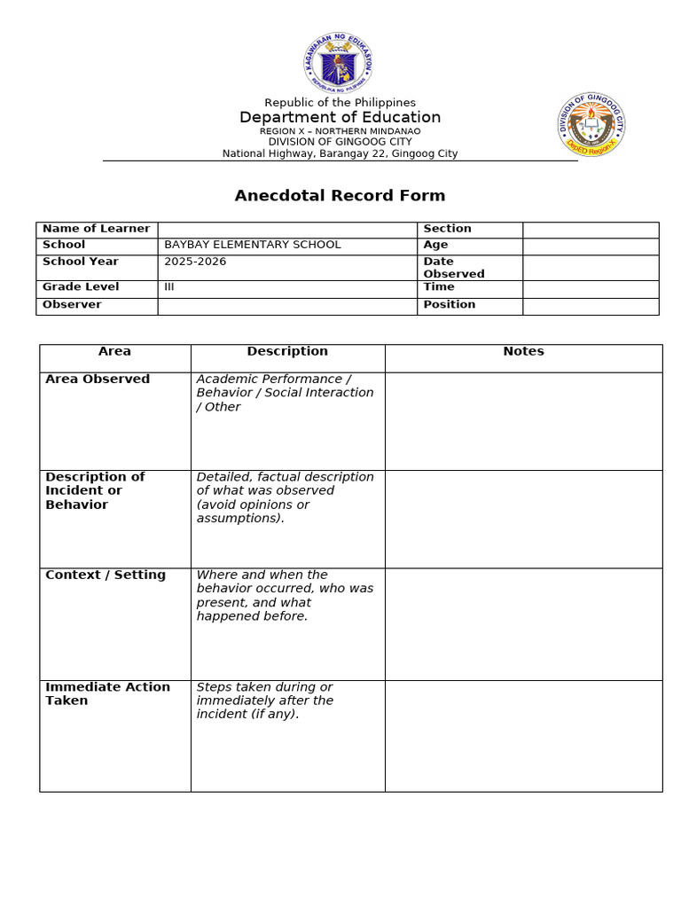 Anecdotal Record Form for Students | PDF