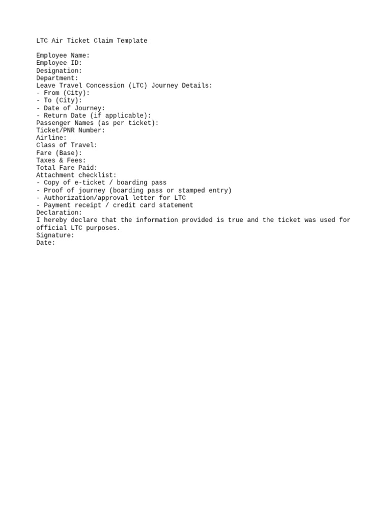 LTC Air Ticket Claim Form Template | PDF