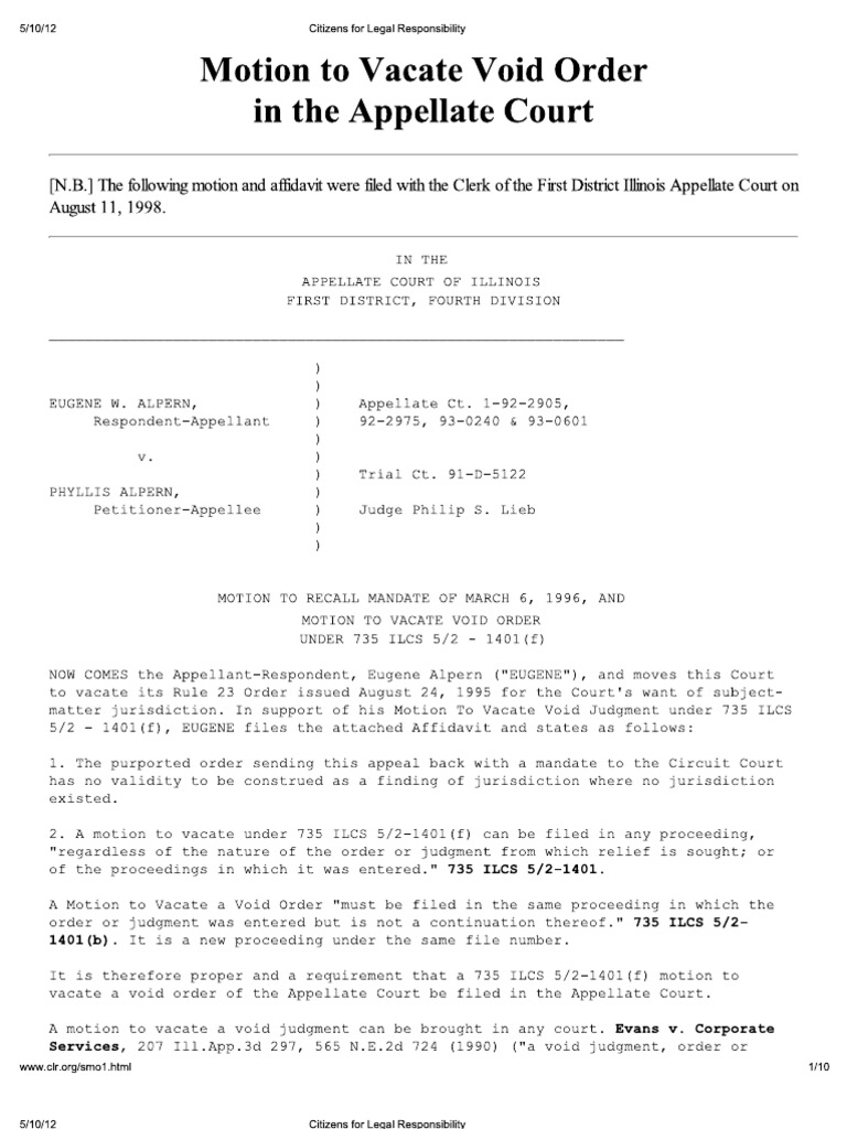 Motion t Vacate Void Order in Appellate Court Illinois