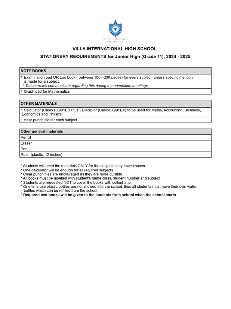 Junior High Stationery List 2024-2025 | PDF