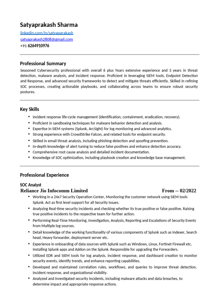 SOC Analyst Resume - Satyaprakash Sharma | PDF | Security | Computer ...