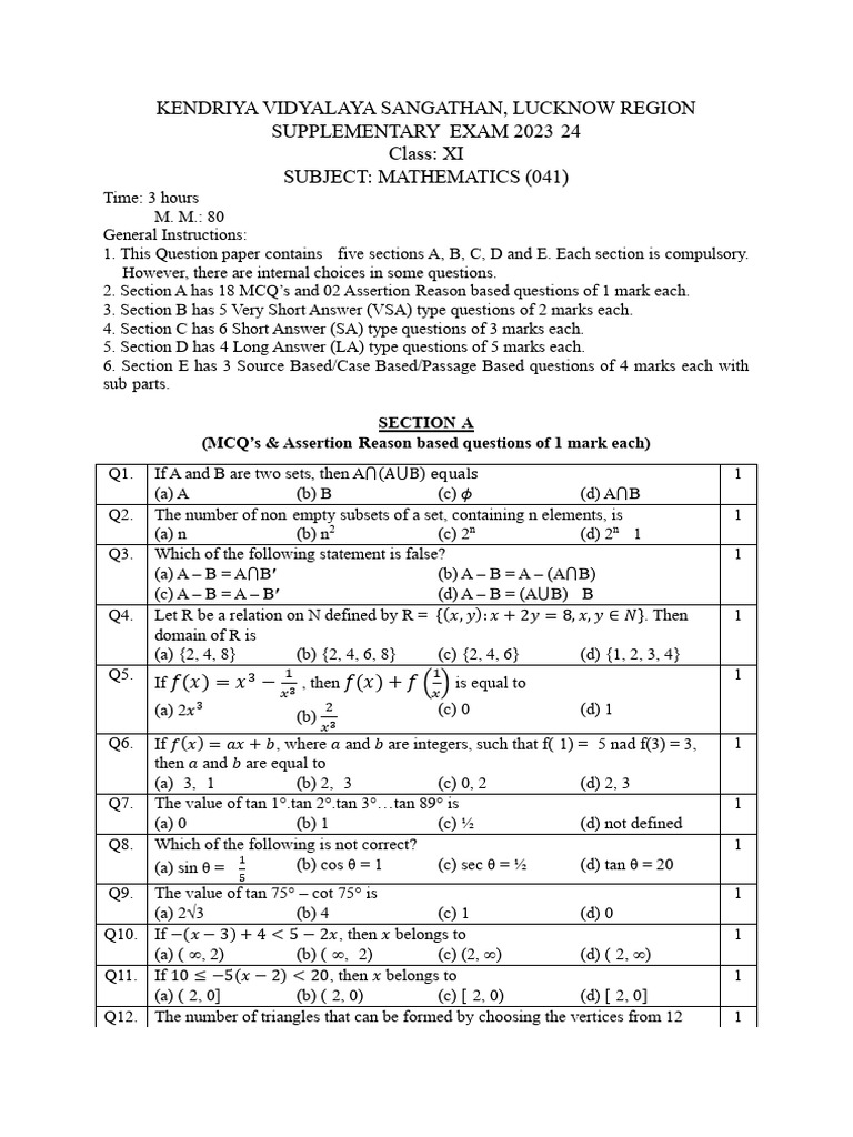 Kendriya Vidyalaya Sangathan Maths 1 | PDF | Mathematics | Mathematical ...