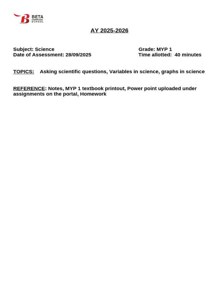 Ay 2025-2026 - Term 1 - Science - Cas1 - Myp 1 | PDF