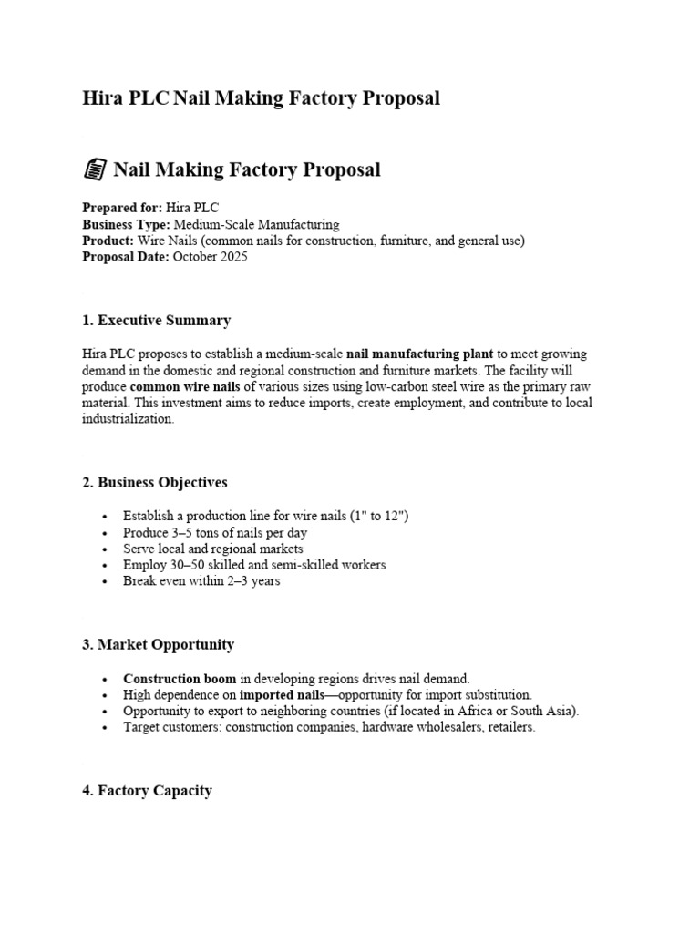 Nail Manufacturing Proposal Overview | PDF | Factory | Wire