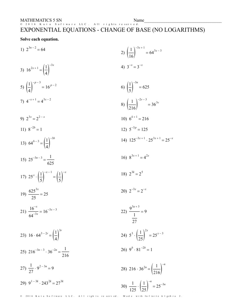 Exponential Equations Worksheet | PDF | Equations | Mathematics