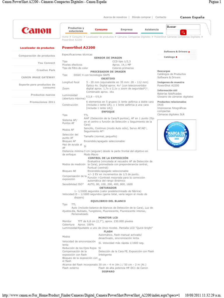 Canon PowerShot A2200 - Especificaciones | PDF | Exposición (fotografía ...