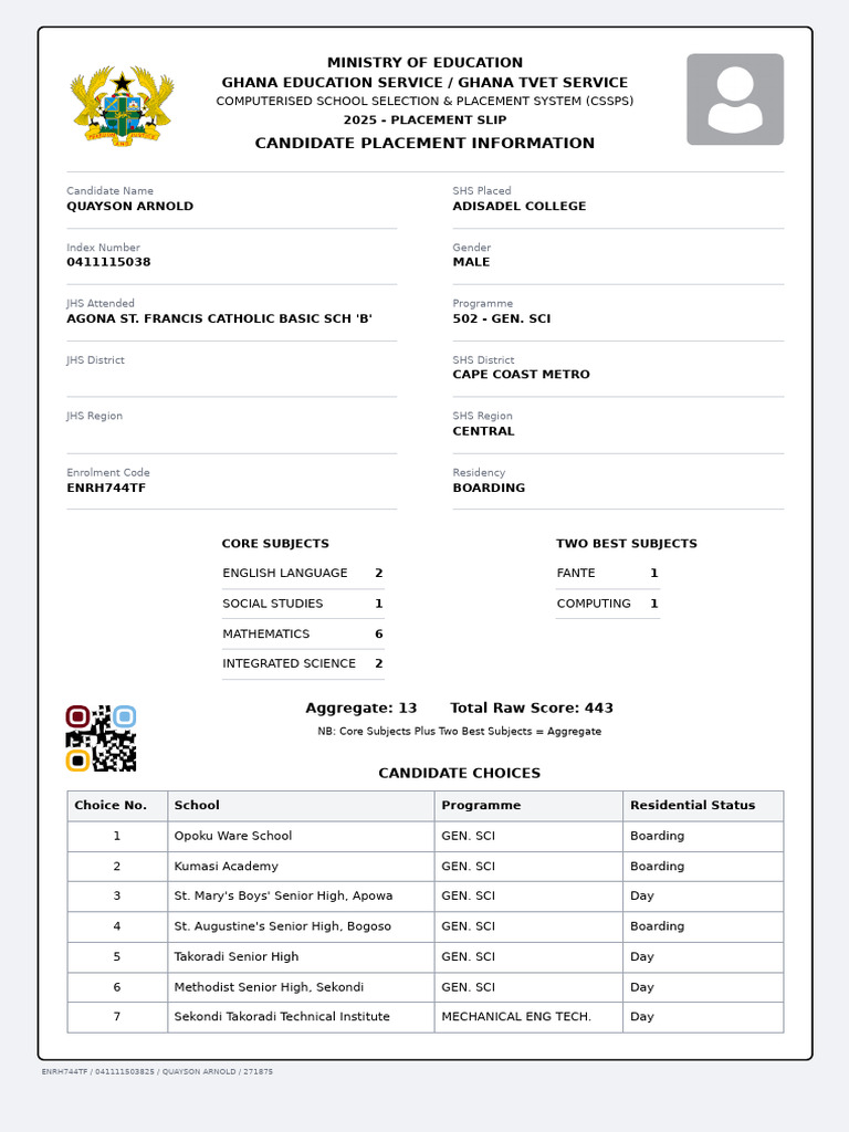 2025 Ghana CSSPS Placement Slip | PDF