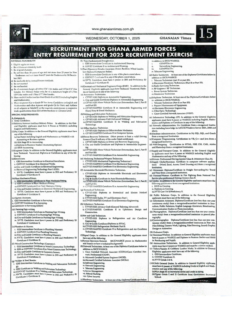 2025 Recruitment Into Ghana Armed Forces | PDF
