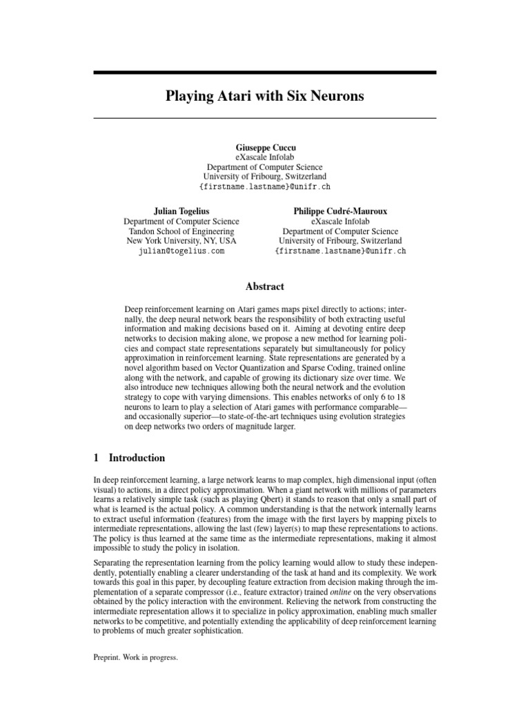 Compact Neural Networks for Atari Games | PDF | Learning | Algorithms