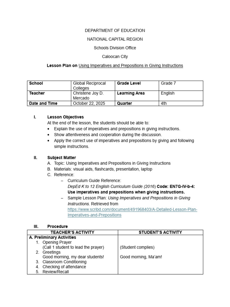 DETAILED LESSON PLAN ON Using Imperatives and Prepositions in Giving ...