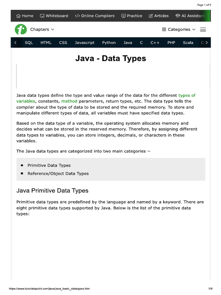 Tutorial Point Java Data Types | PDF