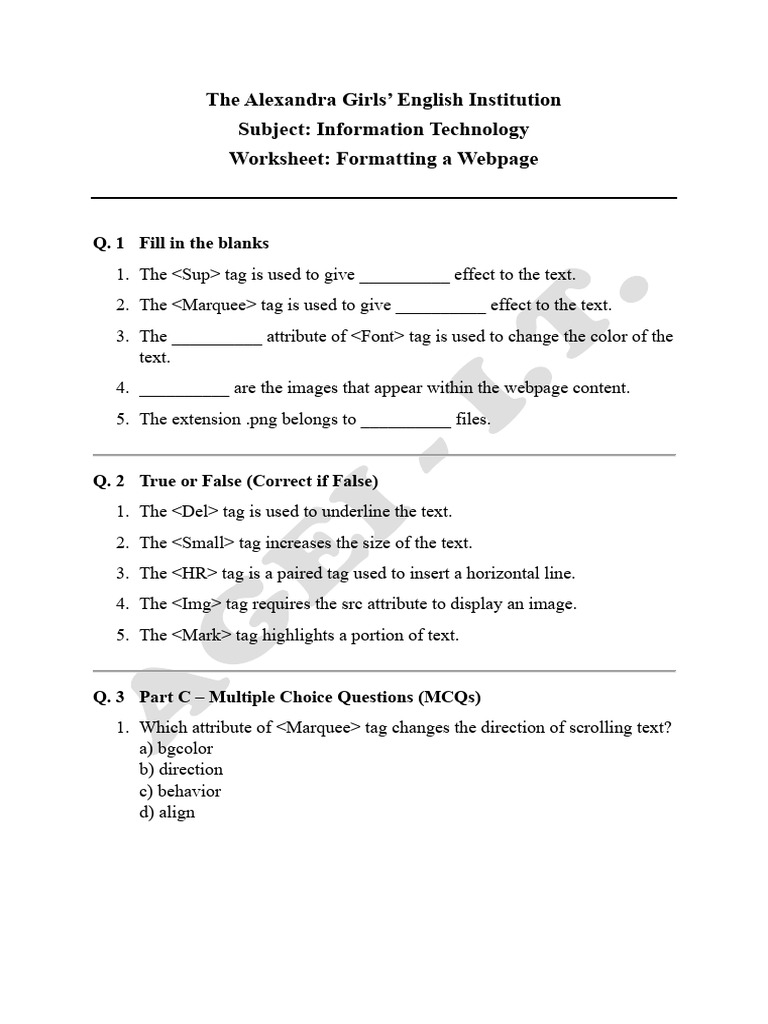 Webpage Formatting Worksheet Guide | PDF