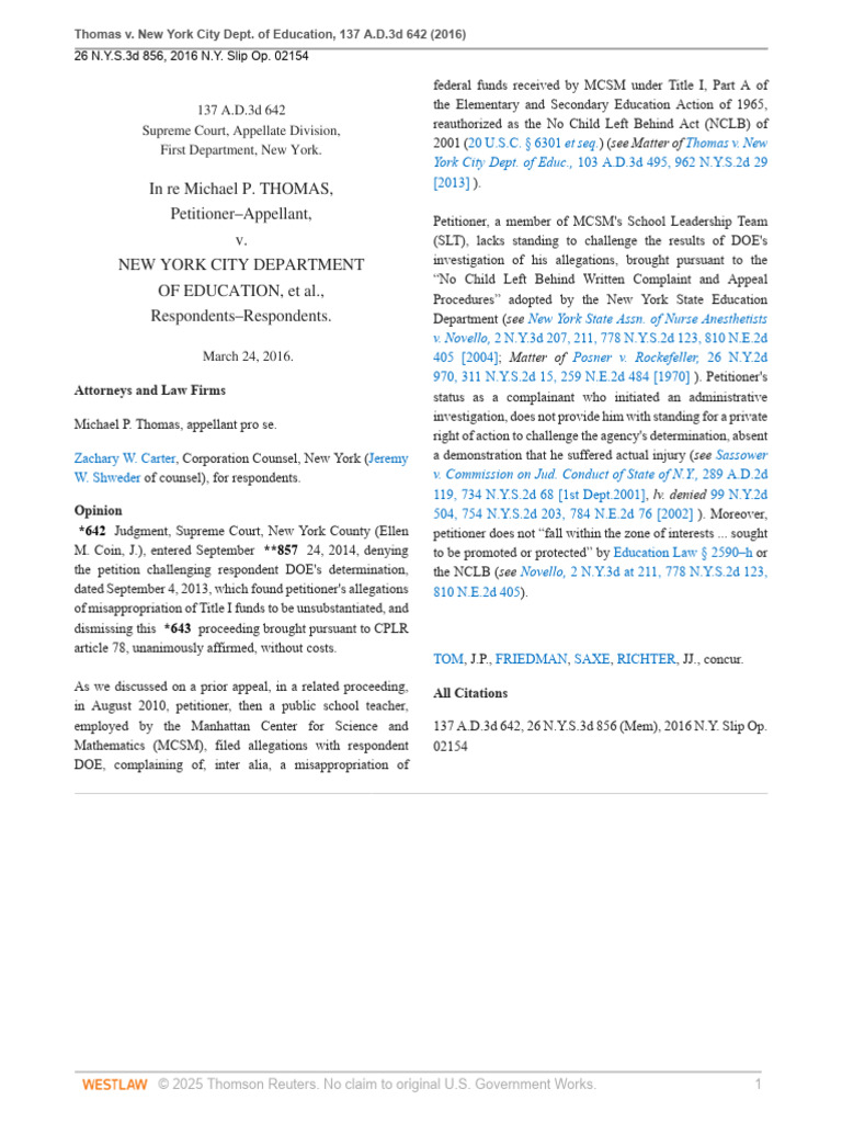 Thomas V New York City Dept of Education | PDF | United States Federal ...