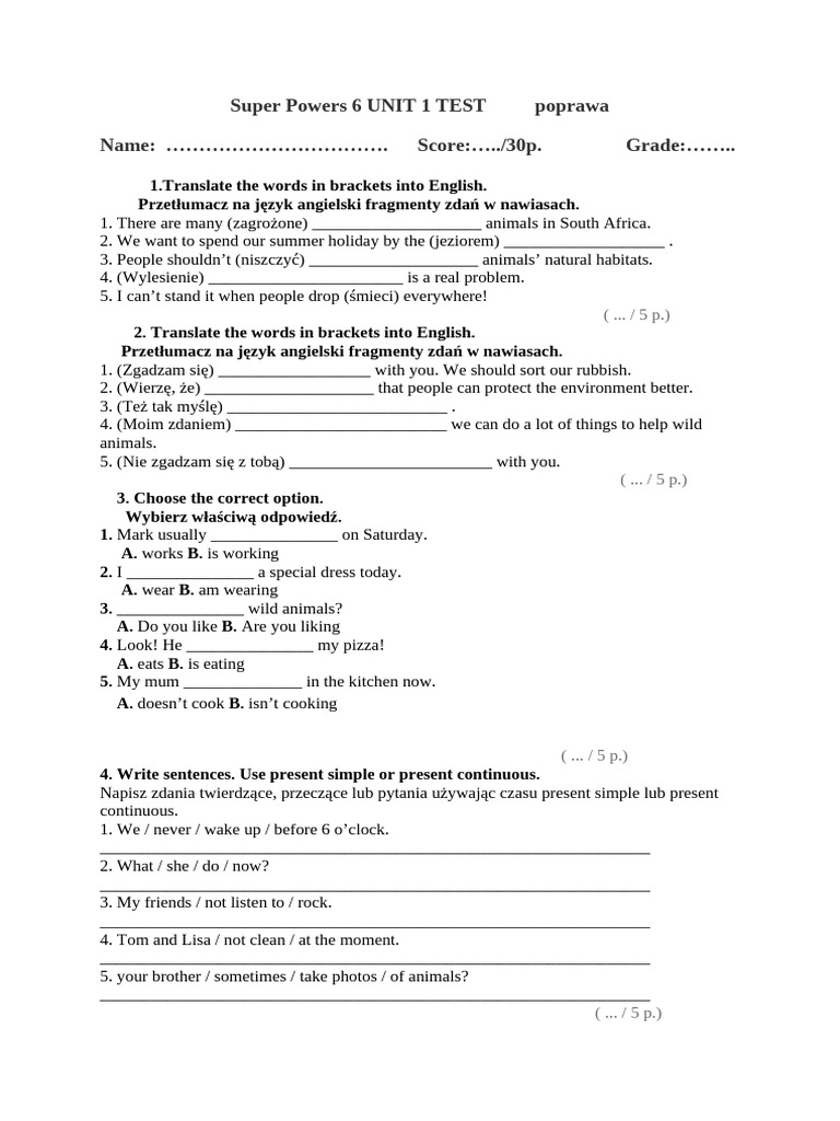 Super Powers 6 UNIT 1 TEST Poprawa | PDF