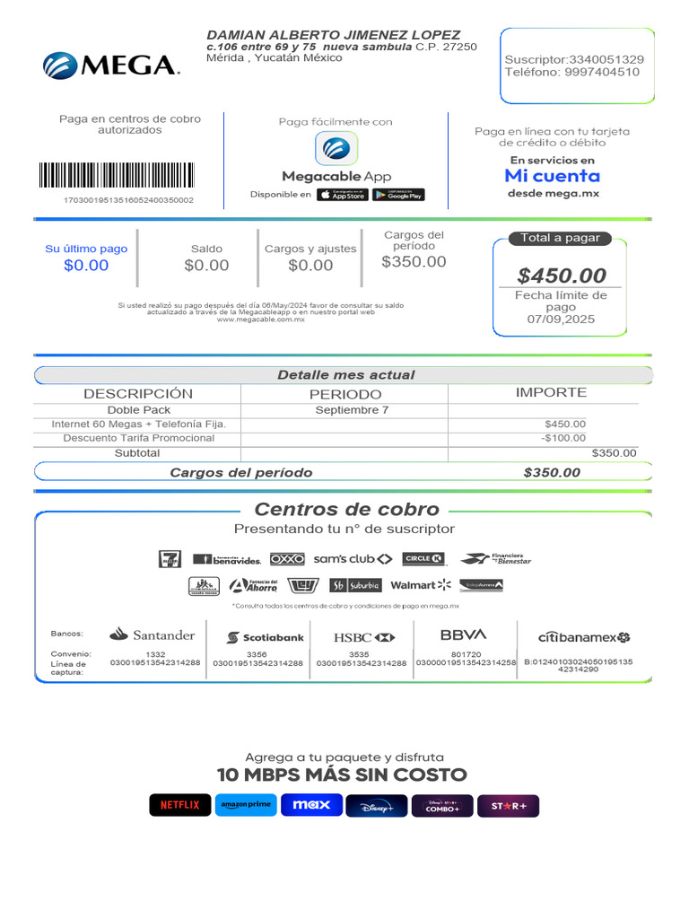 Recibo Megacable Septiembre 2025 | PDF