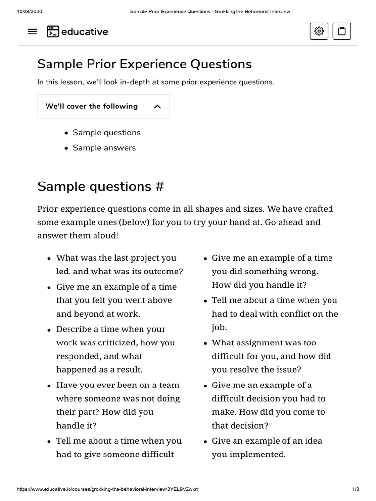 Prior Experience Interview Questions Guide | PDF | Psychological ...