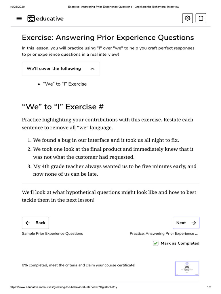 Exercise - Answering Prior Experience Questions - Grokking The ...