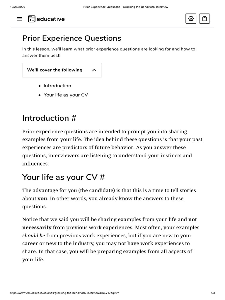 Prior Experience Questions - Grokking The Behavioral Interview | PDF