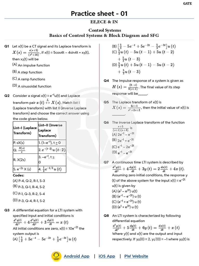 Basics of Control Systems & Block Diagram and SFG - Practice Sheet 01 ...