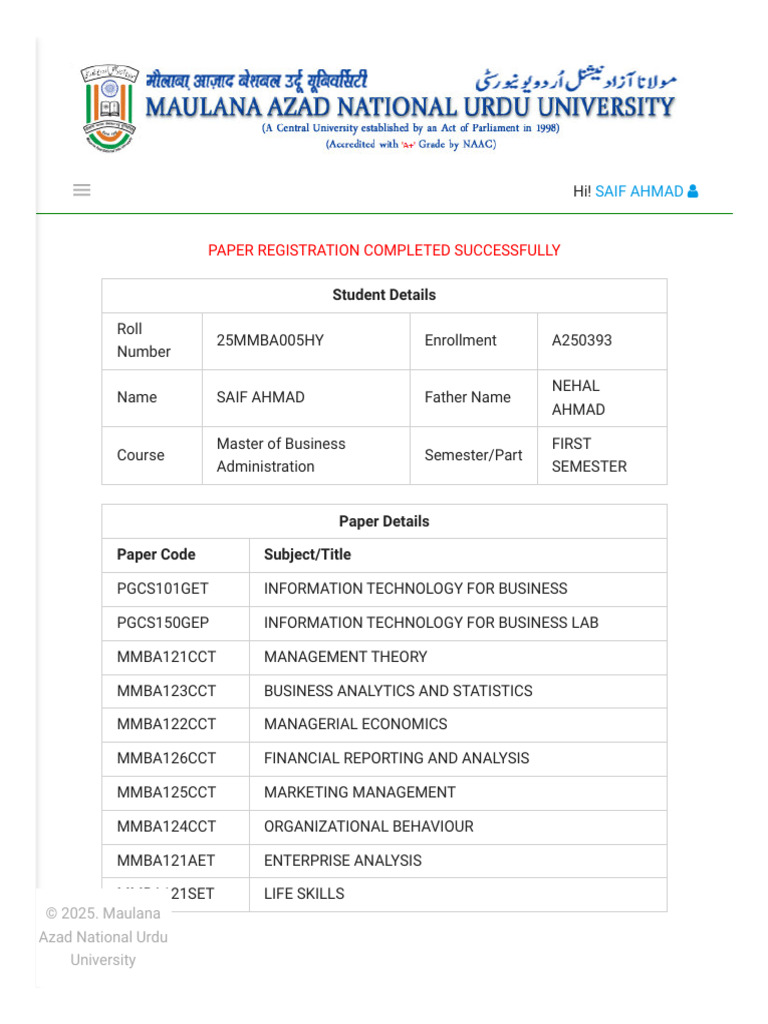 MANUU UMS - Student Dashboard | PDF