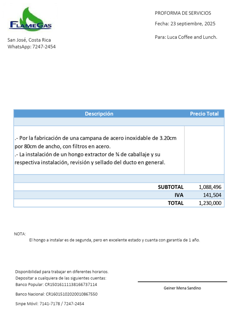Cotización Luca Coffee and Lunch. | PDF