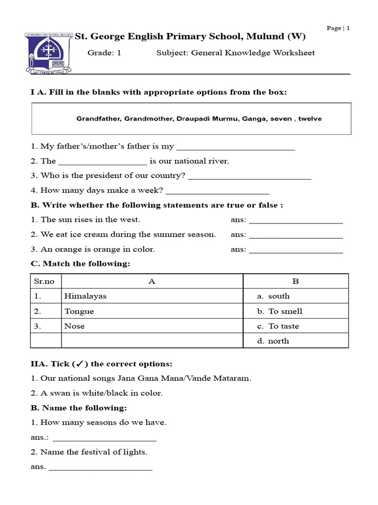 Grade 1 General Knowledge Worksheet | PDF