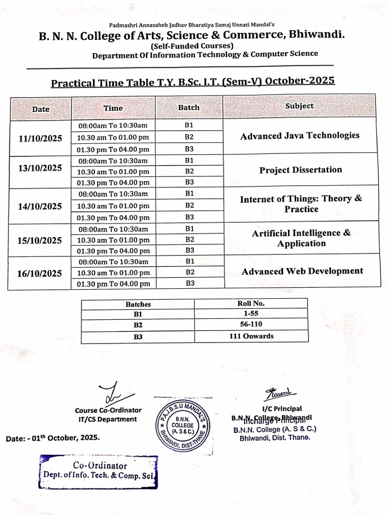 TYIT Sem-V Practical Exam Timetable 2025 | PDF