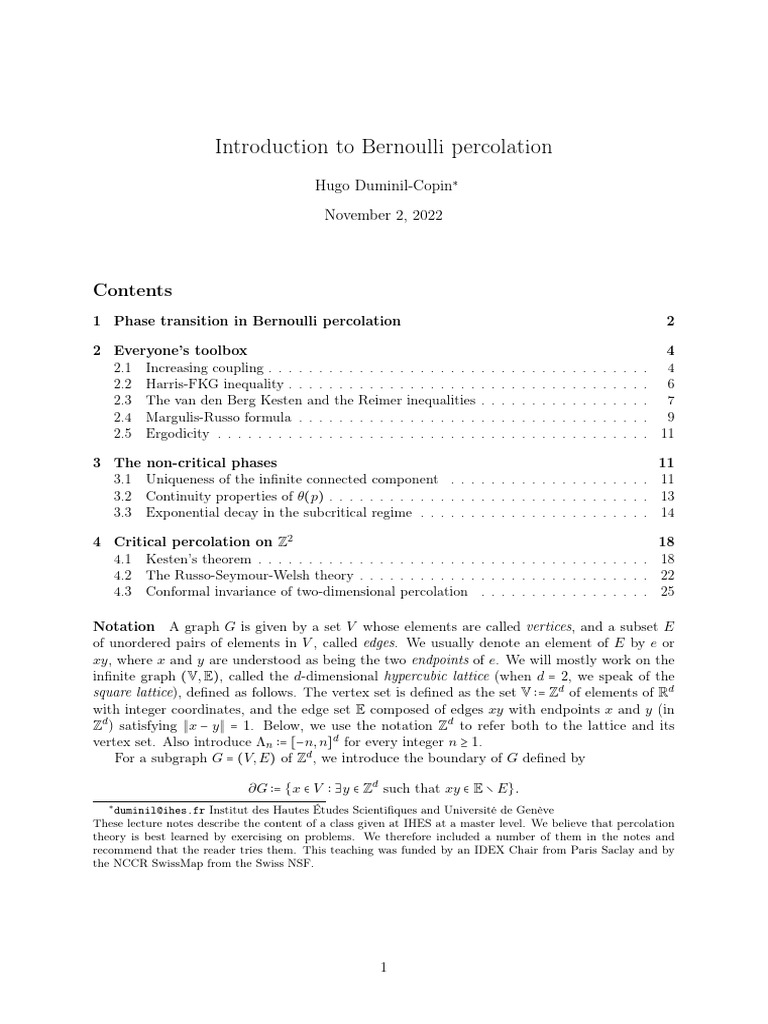 Introduction To Bernoulli Percolation Hugo Duminil-Copin | PDF | Infinity | Measure (Mathematics)