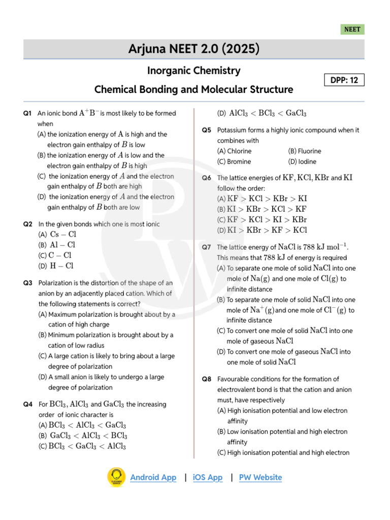 Chemical Bonding and Molecular Structure - DPP 12 (Of Lec 13) - Arjuna NEET 2.0 2025 | PDF ...