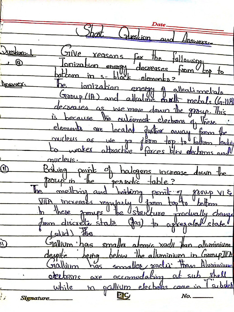 Chemistry Chapter 1 Chemistry of Representative Elements Short Question ...