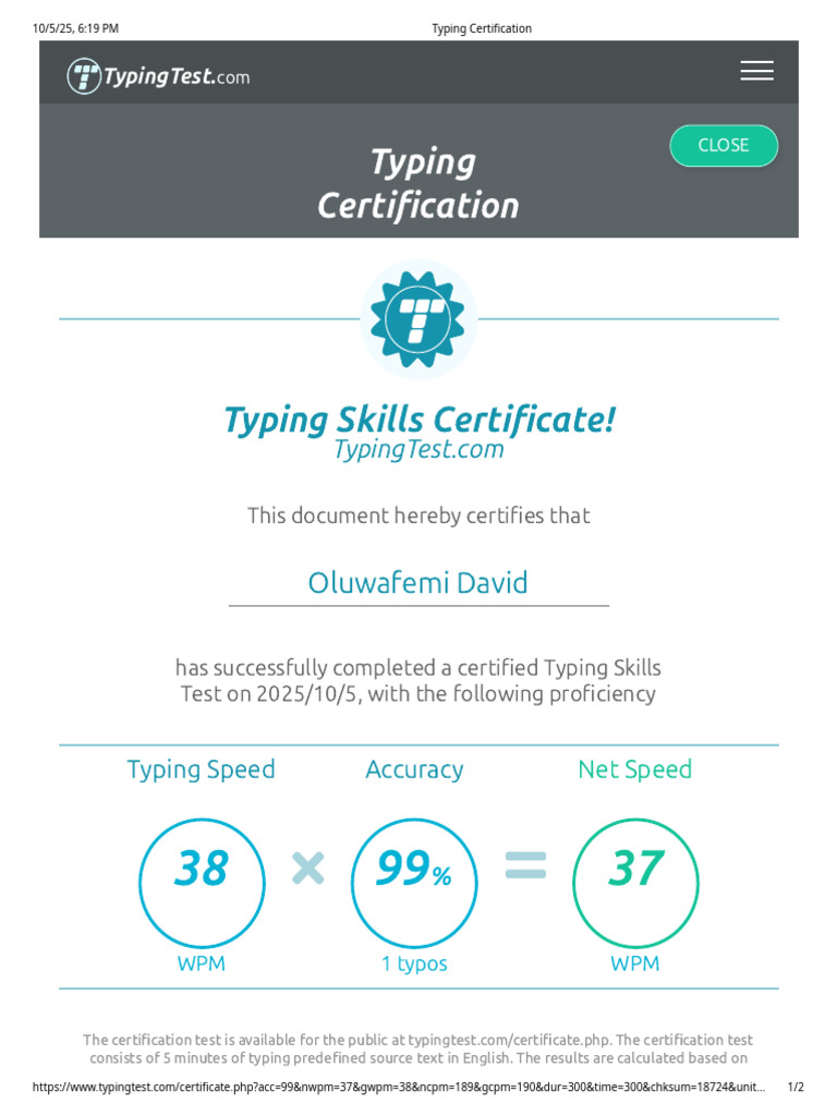 Typing Skills Certification Results | PDF
