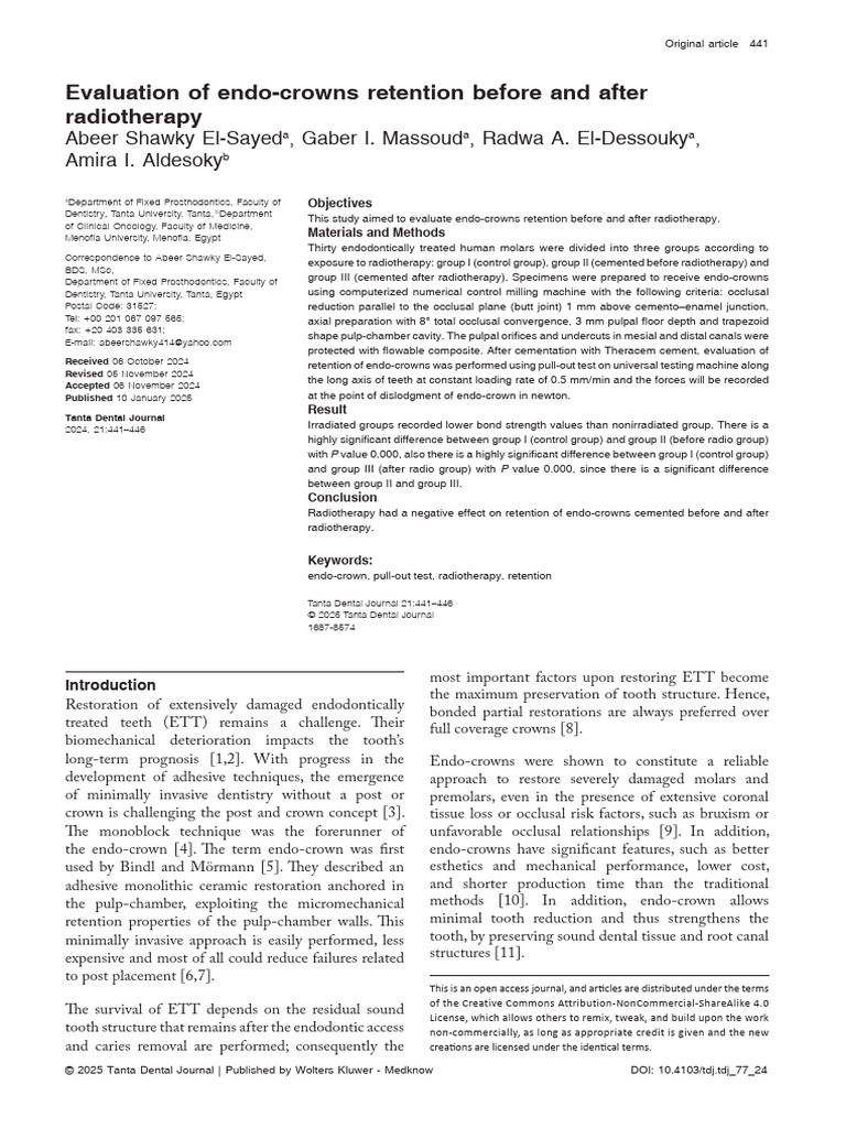 Endo-Crown Retention Post-Radiotherapy Study | PDF | Analysis Of Variance