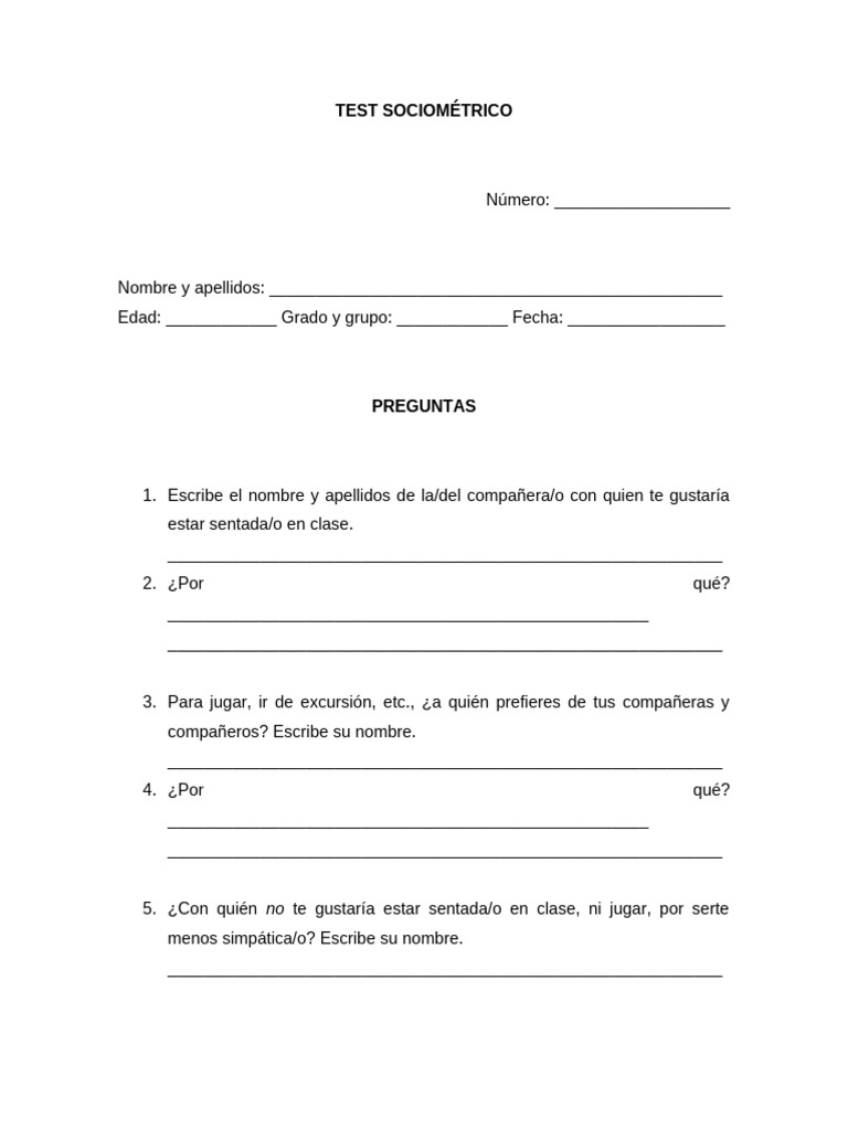 Test Sociométrico Escolar: Preferencias Sociales | PDF