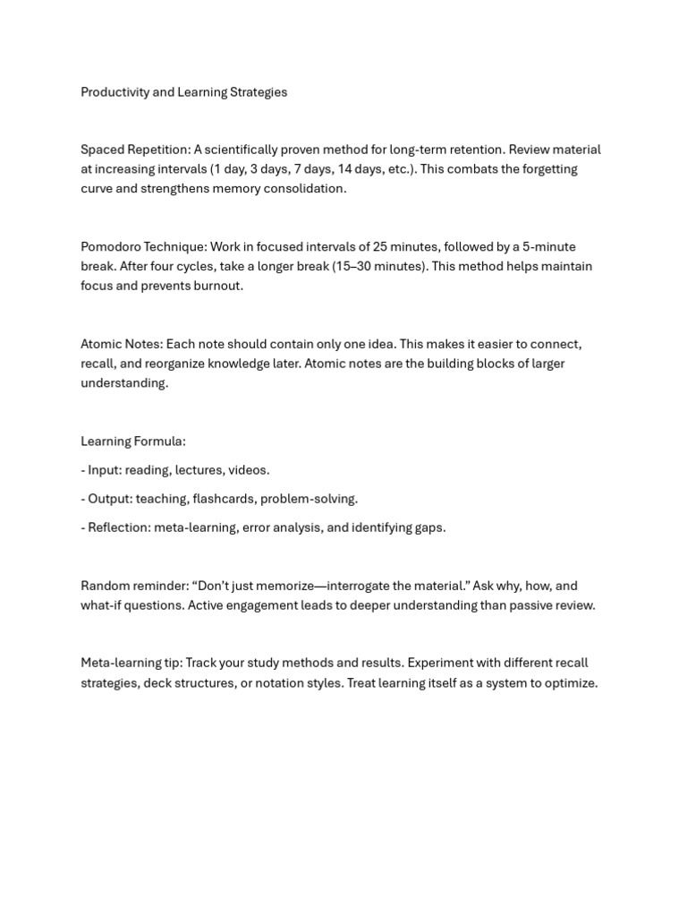 Productivity and Learning Strategies | PDF
