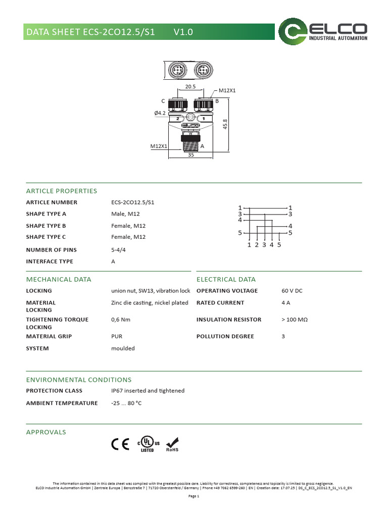 M12 Connector Data Sheet ECS-2CO12.5/S1 | PDF | Electric Power ...
