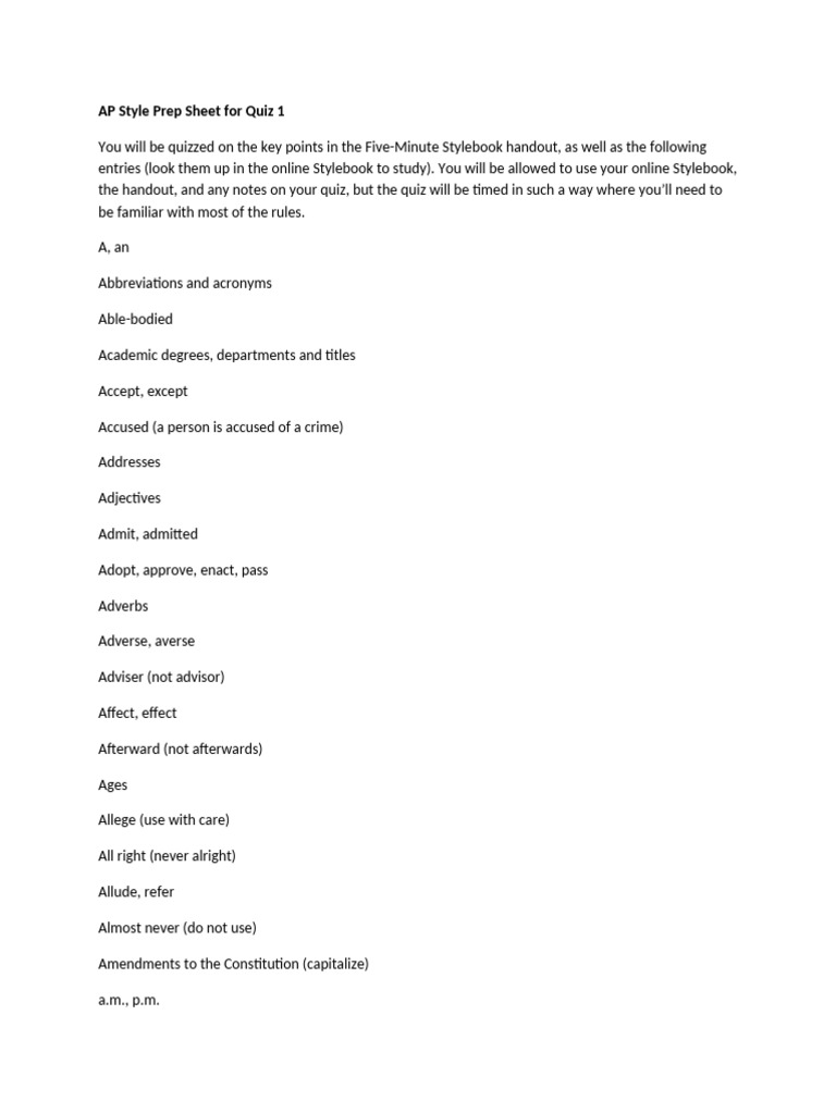 AP Style Prep Sheet 1 2 | PDF