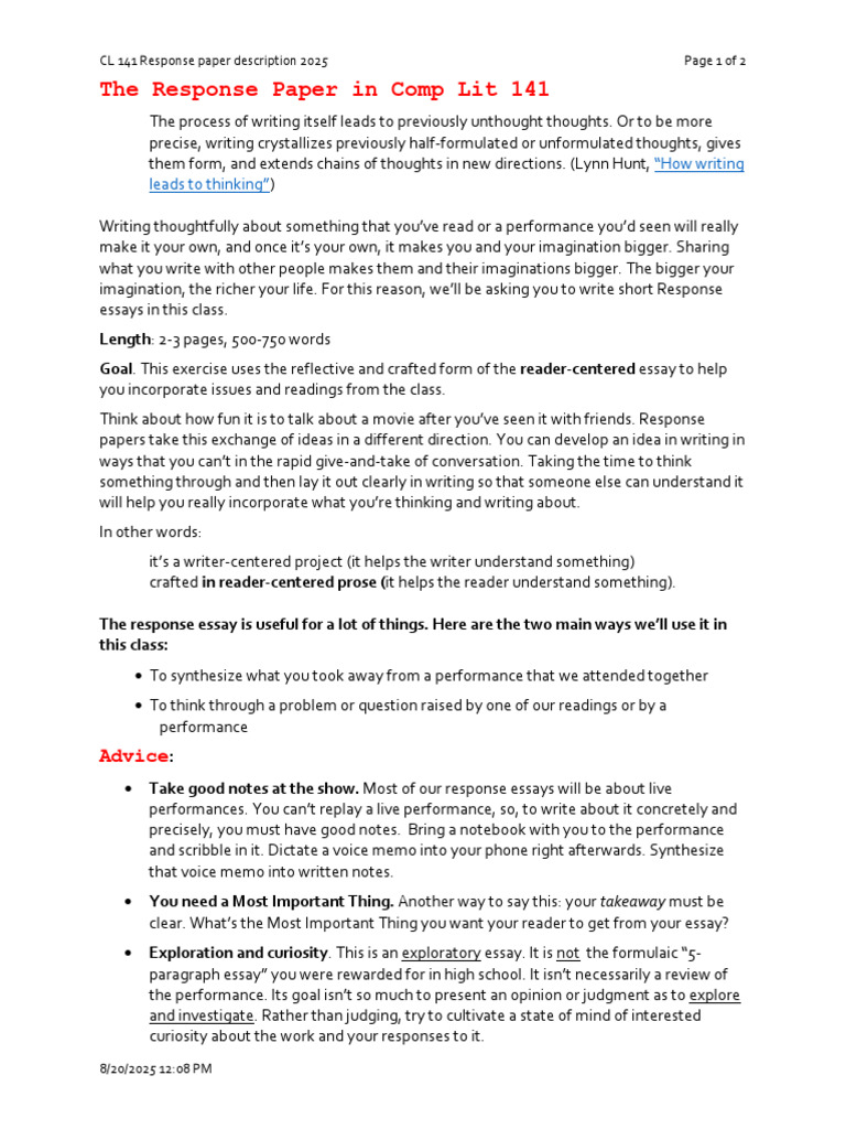 CL 141 Response Paper Description 2025 | PDF | Essays | Psychological ...