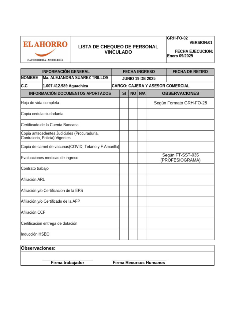 Documentación de Ingreso de Empleado | PDF