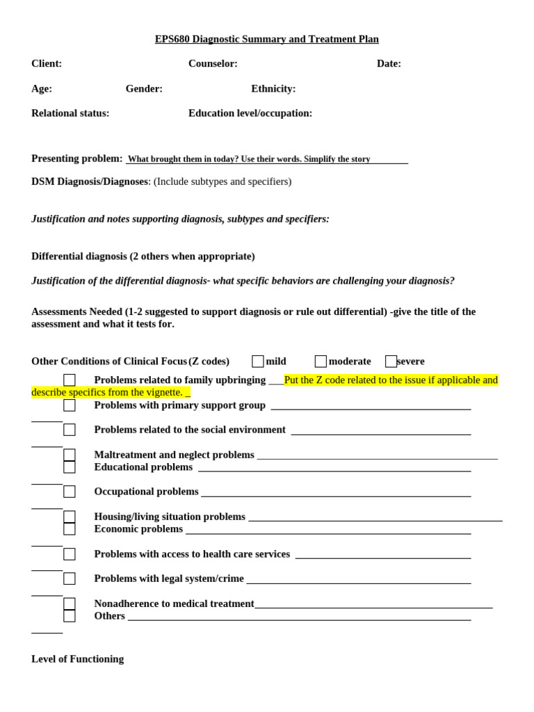 Psychotherapy Diagnostic Summary and Treatment Plan Template | PDF ...