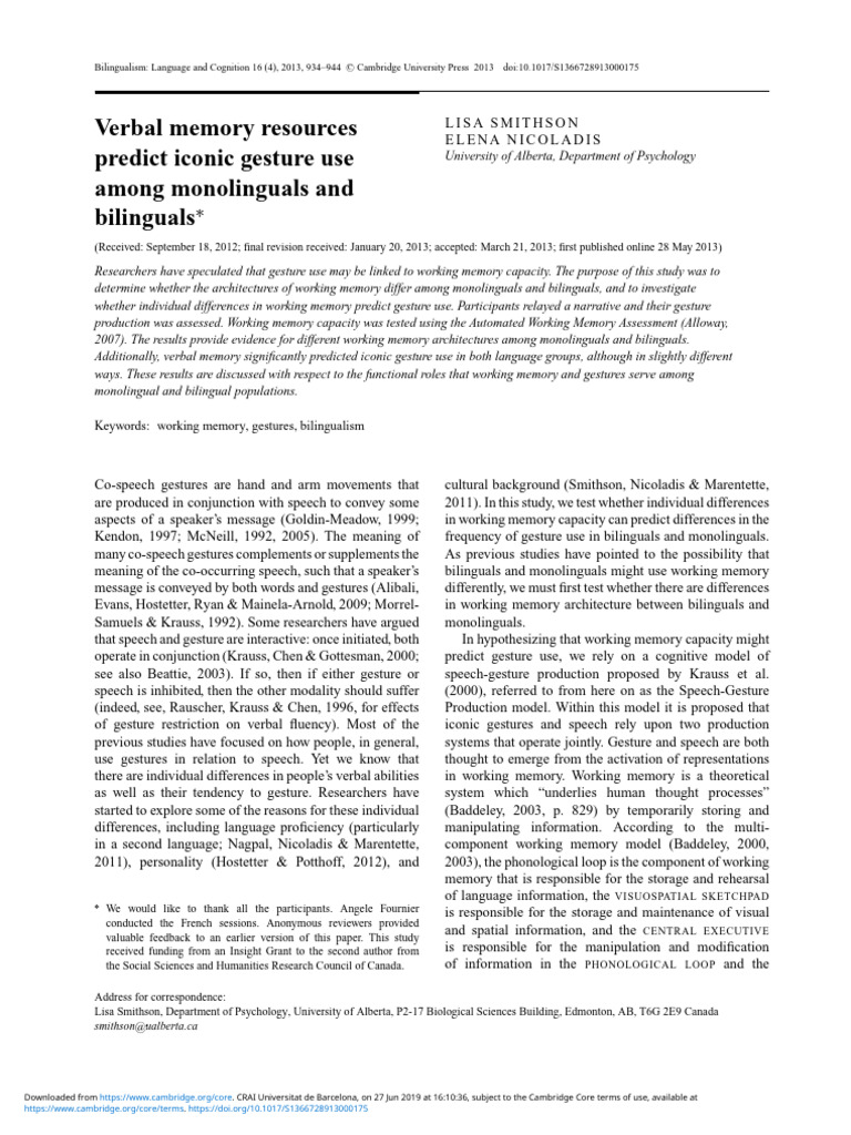 Verbal Memory Resources Predict Iconic Gesture Use Among Monolinguals ...