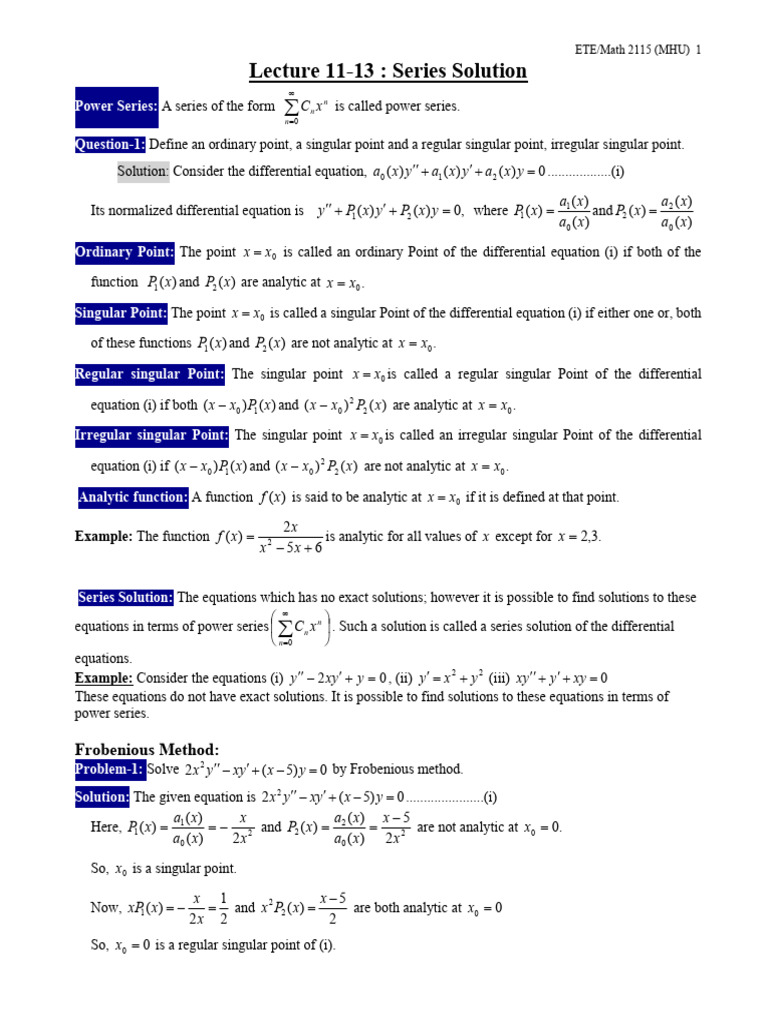 Lecture-11-13 Series Solution Frobeneous Method | PDF | Power Series | Equations