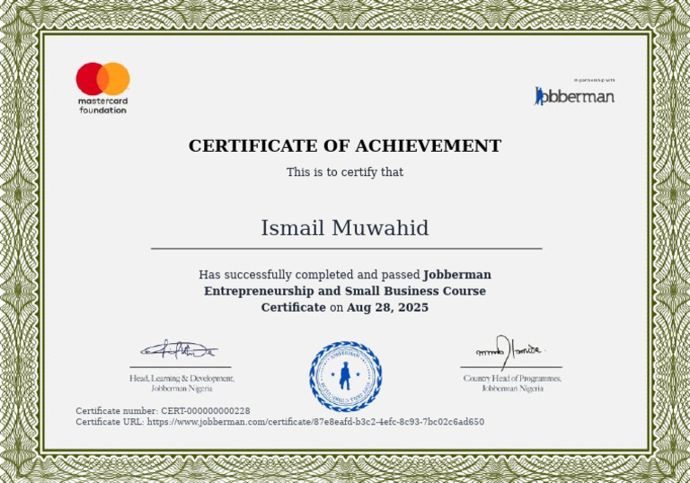 Ismail Muwahid Certificate 87e8eafd b3c2 4efc 8c93 7bc02c6ad650 | PDF